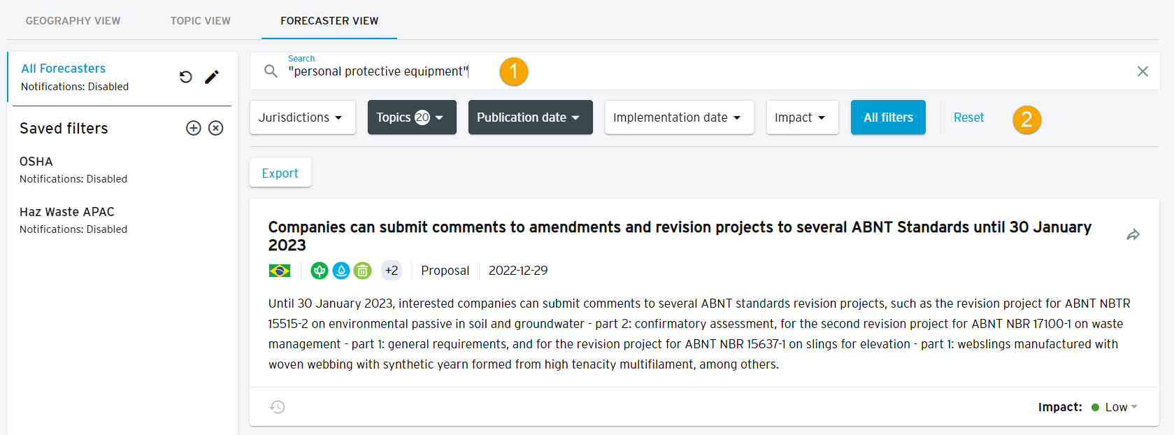 Exact match searching in Regulatory Forecaster – Enhesa